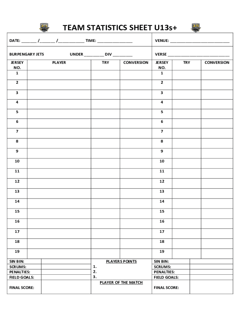Fillable Online TEAM STATISTICS SHEET U13s+ Fax Email Print - pdfFiller