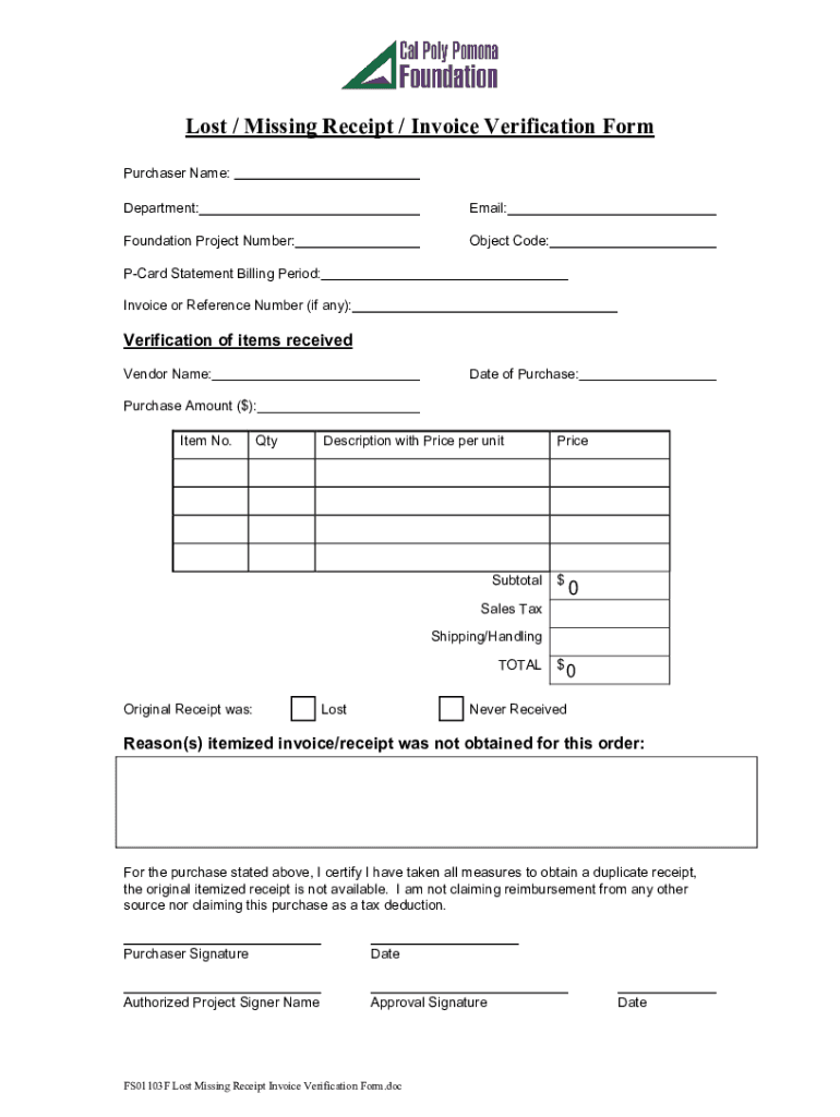 Fillable Online FS01103F Lost Missing Receipt Invoice Verification Form ...