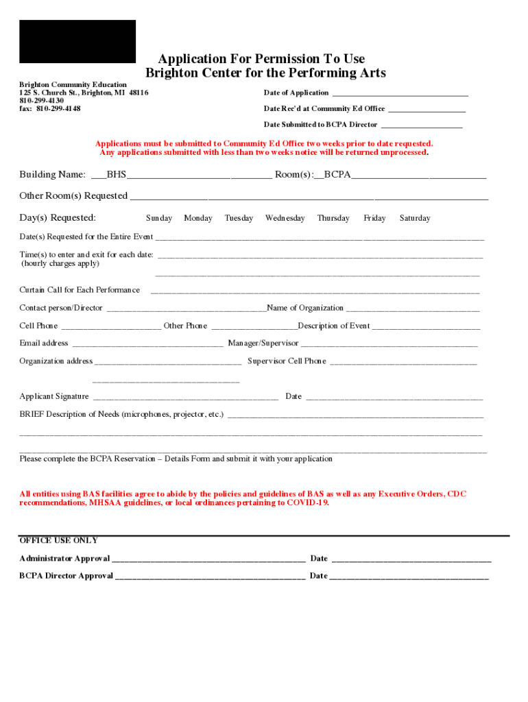 Fillable Online Application For Permission To Use School Facility Fax ...