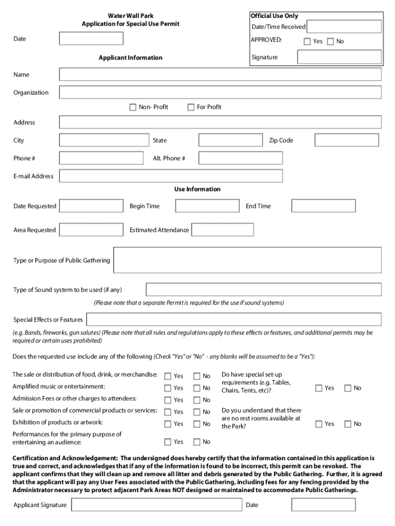 Fillable Online Water Wall Park Application for Special Use Permit Fax ...