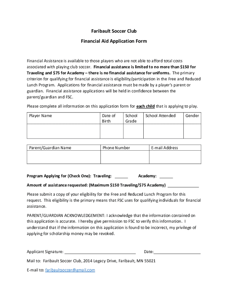 Fillable Online Faribault Soccer Club Financial Aid Application Form ...