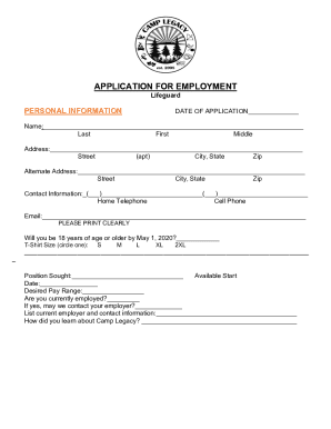 Fillable Online Lifeguard - APPLICATION FOR EMPLOYMENT Fax Email Print ...