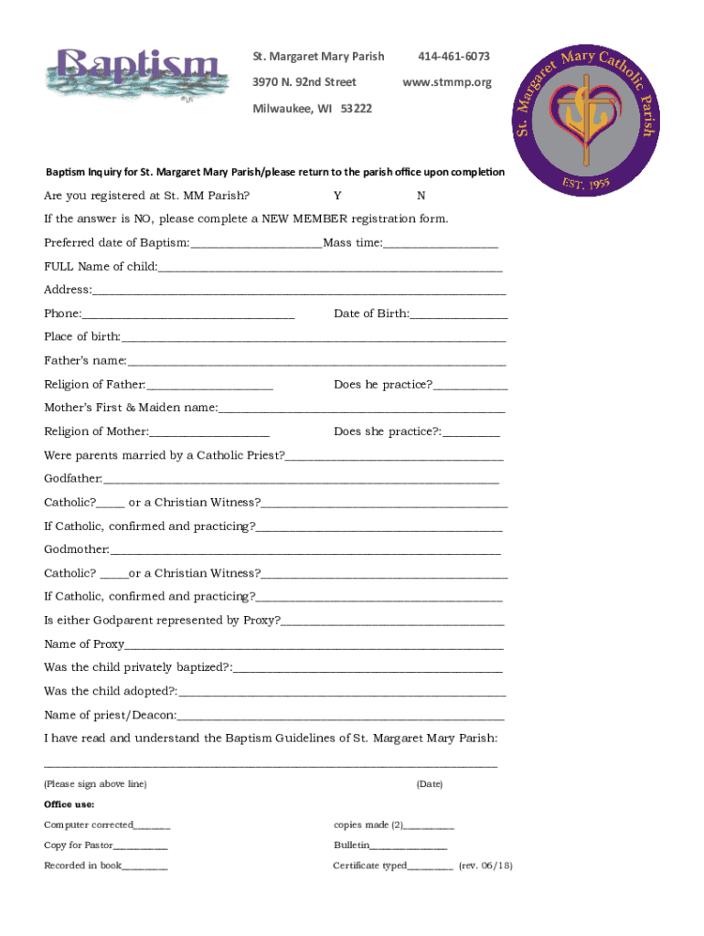 Fillable Online Baptism Inquiry for St. Margaret Mary ... Fax Email ...