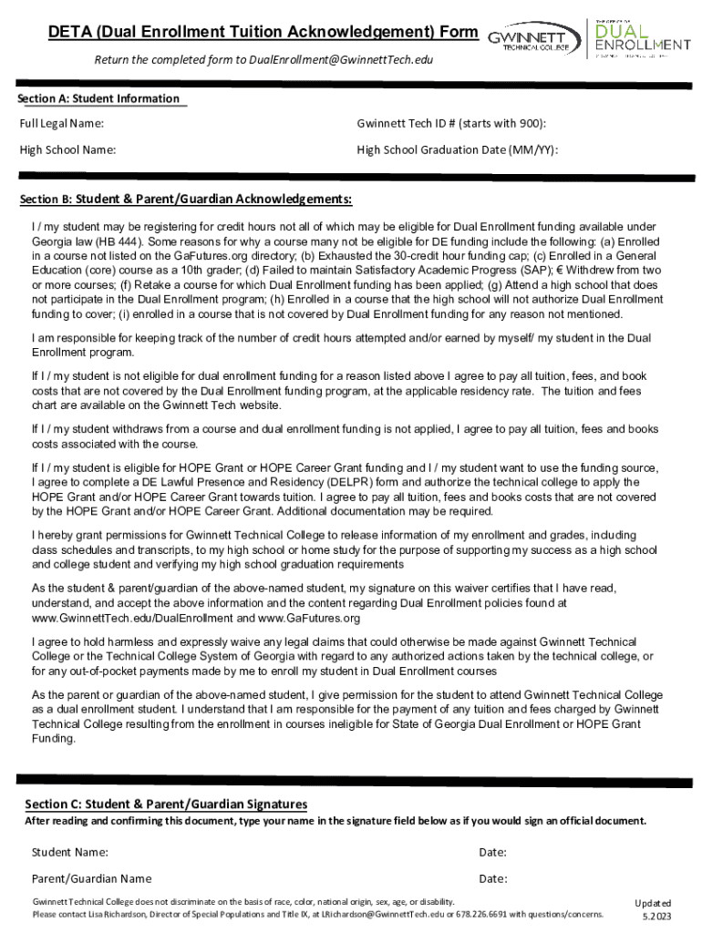 Fillable Online Dual Enrollment Tuition Acknowledgement Form Fax Email Print - pdfFiller