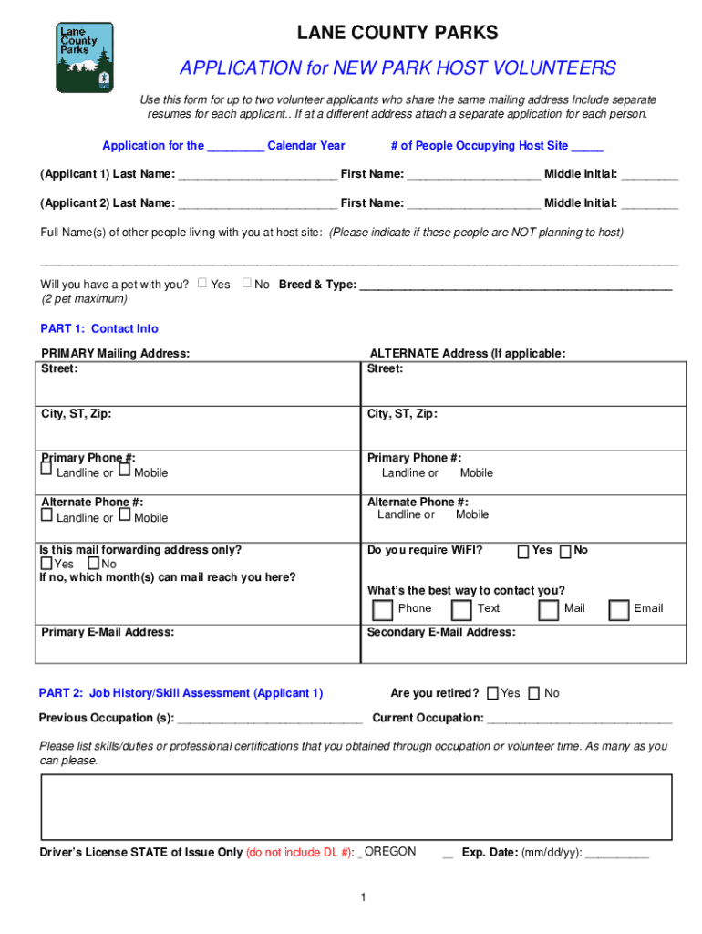 Fillable Online Lane County Parks. Park Host Application Fax Email ...