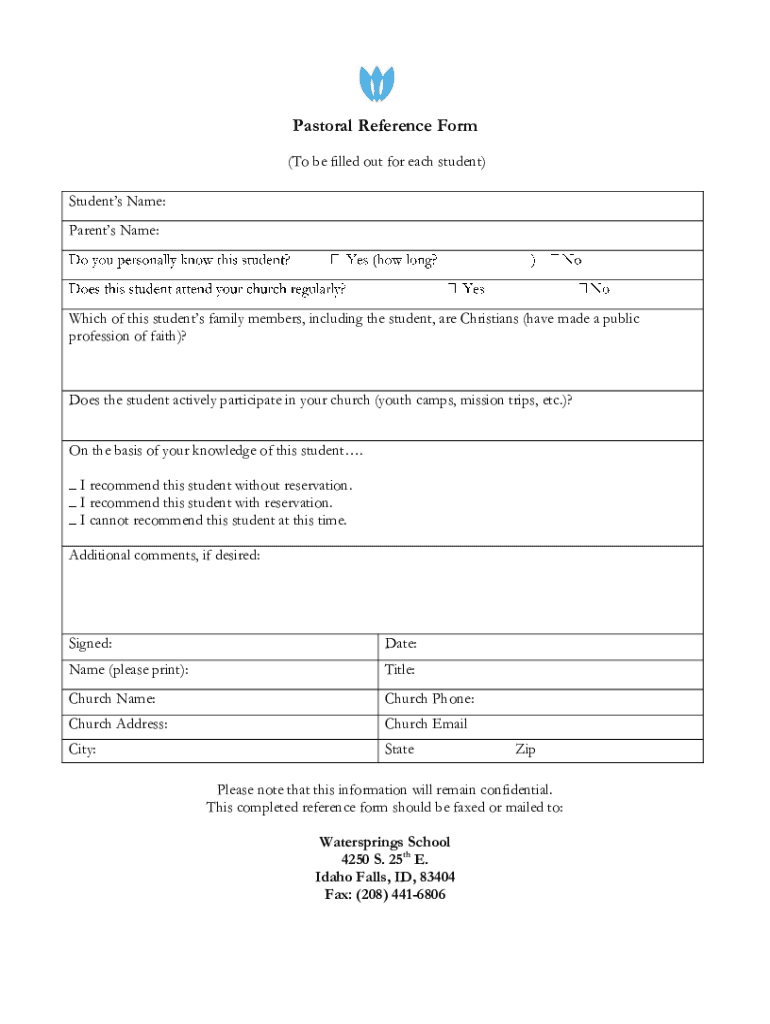 Fillable Online FAITH AGREEMENT & PASTORAL REFERENCE FORM Fax Email ...