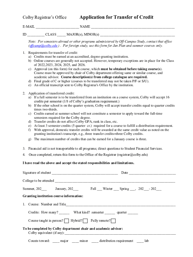 Fillable Online Colby Registrar's Office Application For Transfer of Credits Fax Email Print ...