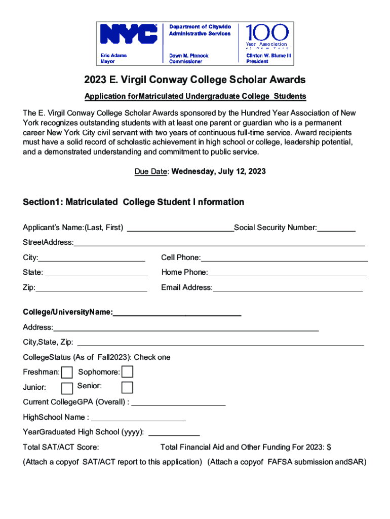 Fillable Online The E. Virgil Conway College Scholar Awards (CSA) Fax ...