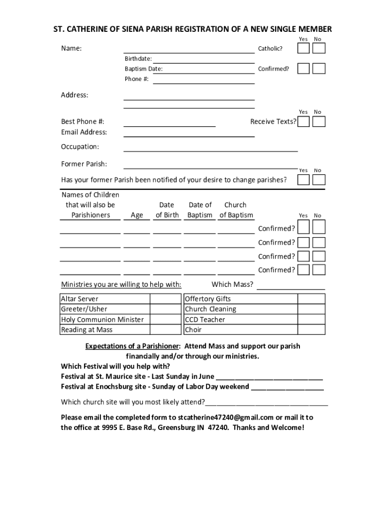 Fillable Online St. Catherine of Siena New Single Parishioner Registration Fax Email Print ...