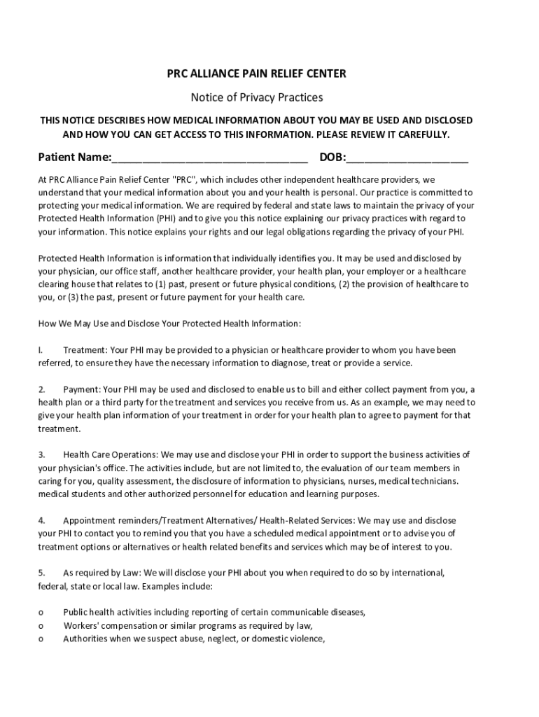 Fillable Online PRC Alliance Pain Relief Centers - Notice of Privacy ...