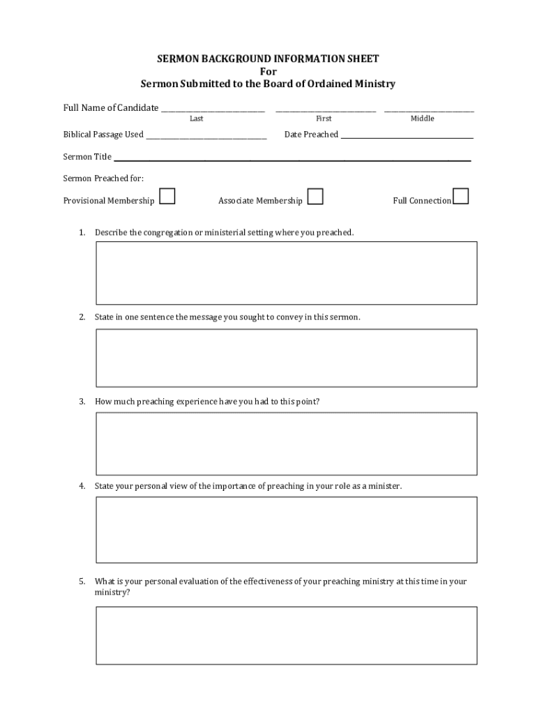 Fillable Online SERMON BACKGROUND INFORMATION SHEET For ... Fax Email ...