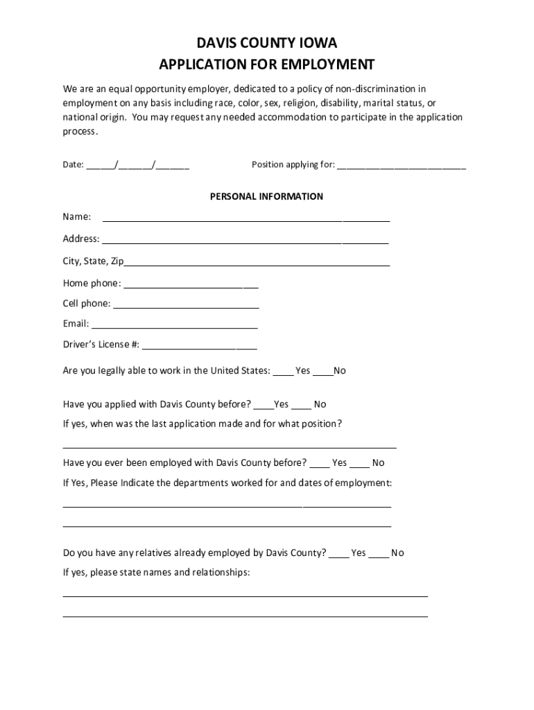 Fillable Online DAVIS COUNTY IOWA APPLICATION FOR EMPLOYMENT Fax Email ...