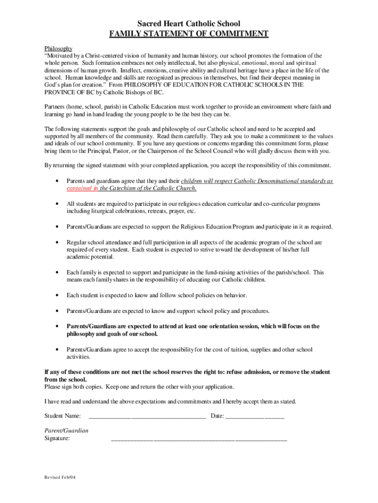 Fillable Online Sacred Heart Catholic School FAMILY STATEMENT OF ... Fax Email Print - pdfFiller