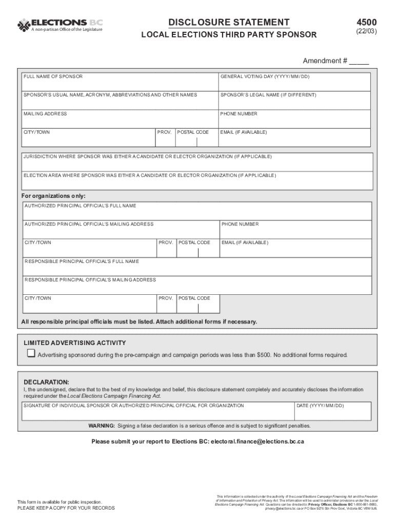 Fillable Online elections bc Disclosure Statement - Local Elections ...