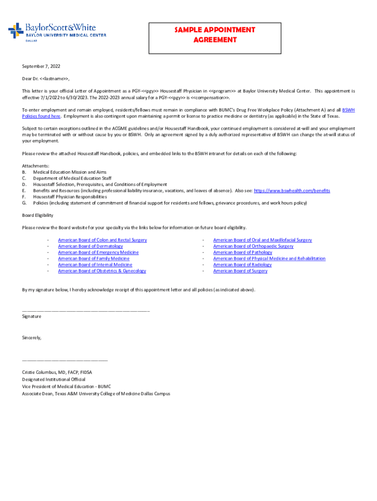 Fillable Online SAMPLE APPOINTMENT AGREEMENT Fax Email Print - pdfFiller