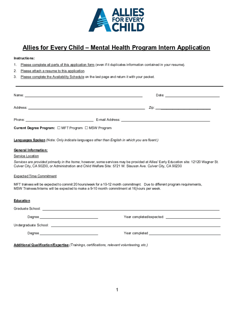 Fillable Online Mental Health Program Intern Application Fax Email ...