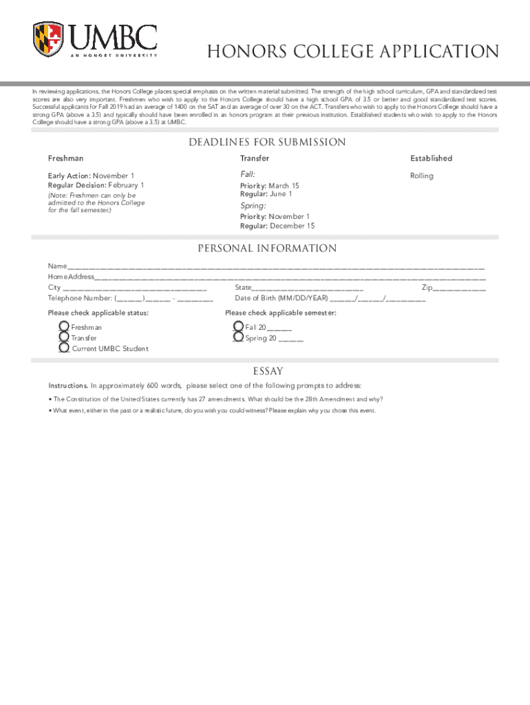 Fillable Online honors umbc HONORS COLLEGE APPLICATION Fax Email Print ...