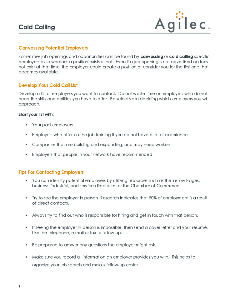 Fillable Online Networking and cold calling - CV/career services Fax ...