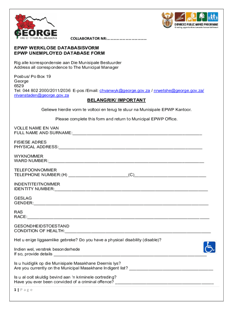 Fillable Online epwp werklose databasisvorm epwp unemployed ... Fax ...