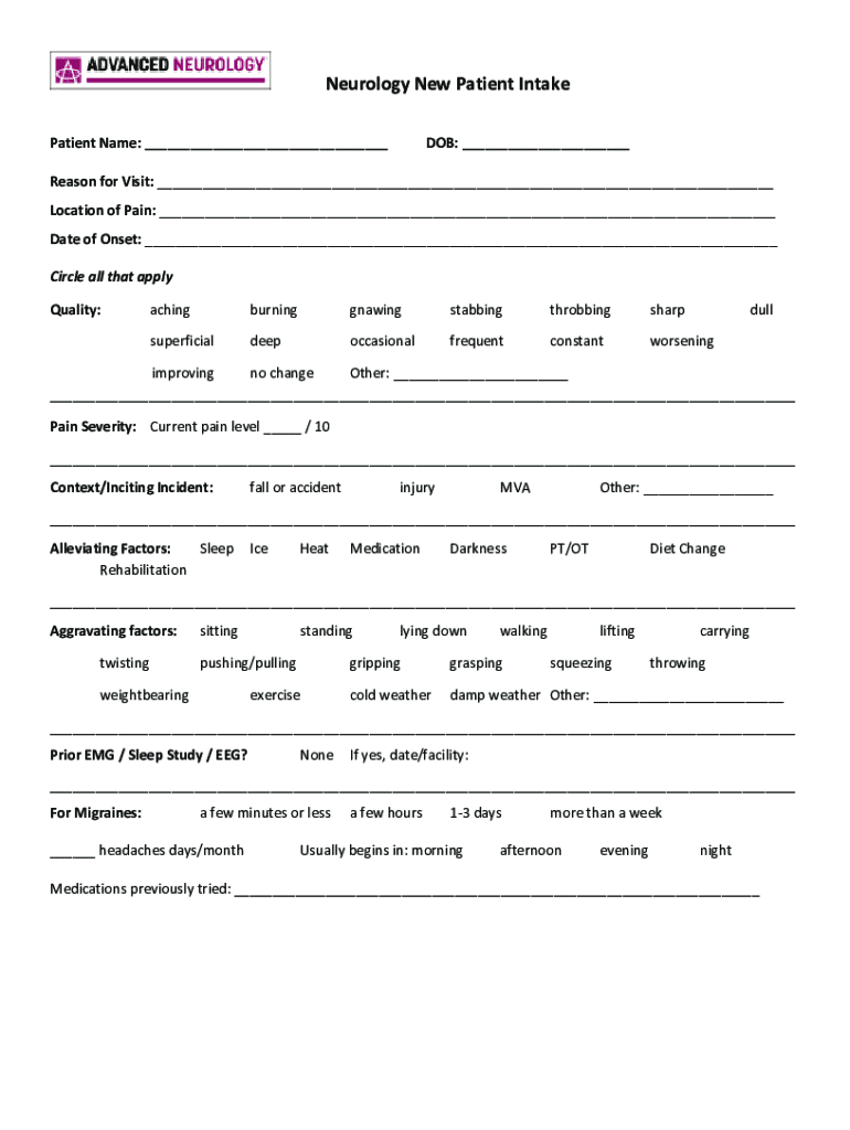 Fillable Online New Patient Neurology Intake Form Fax Email Print ...