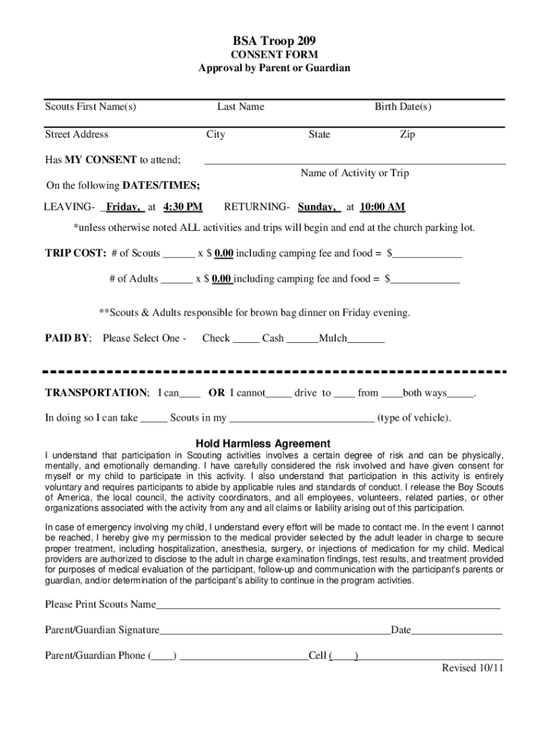Fillable Online Boy Scouts of America (BSA) Parental Consent Form ...
