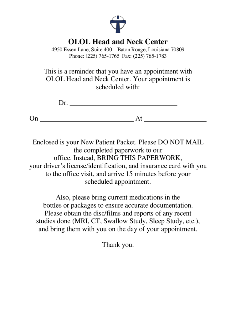 Fillable Online Our Lady of the Lake Head and Neck Center 4950 Essen ...