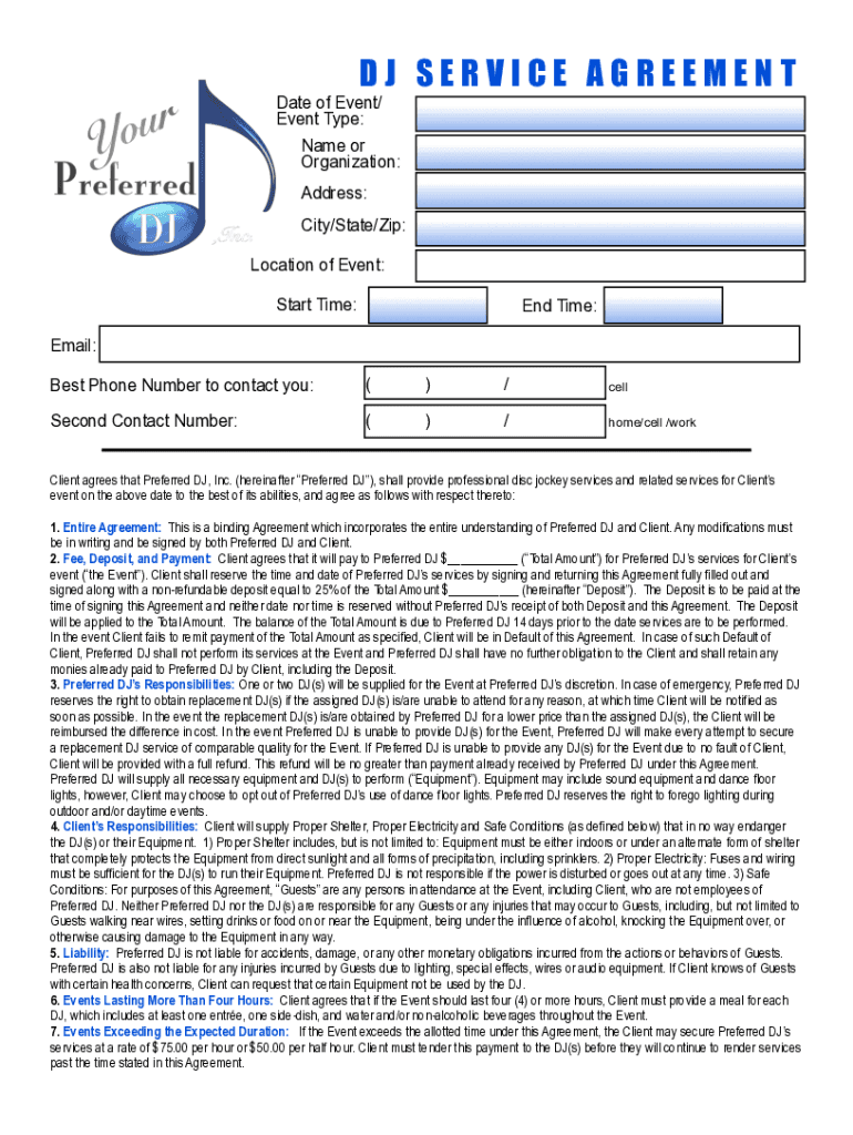 Fillable Online 29 Printable Dj Service Agreement Forms and Templates ...