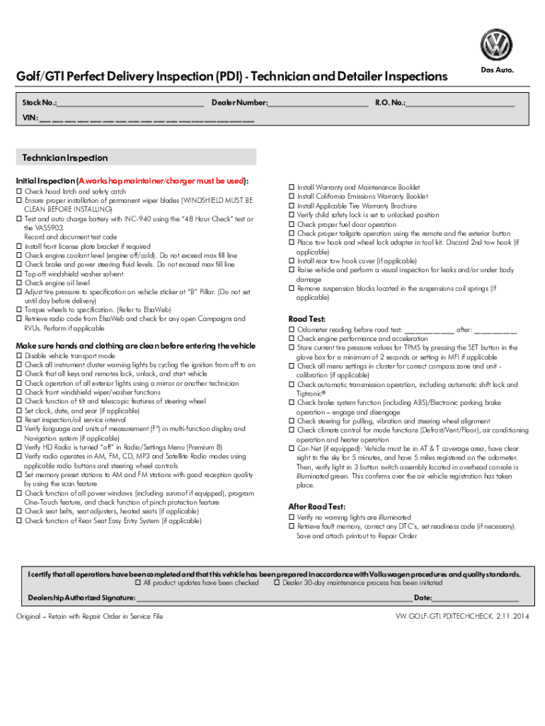 Fillable Online Golf/GTI Perfect Delivery Inspection (PDI) - Technician ...