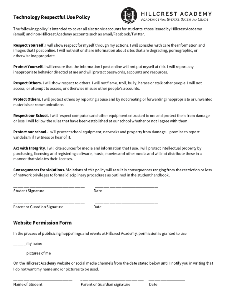 Fillable Online Technology Respectful Use Policy Website Permission Form Fax Email Print - pdfFiller