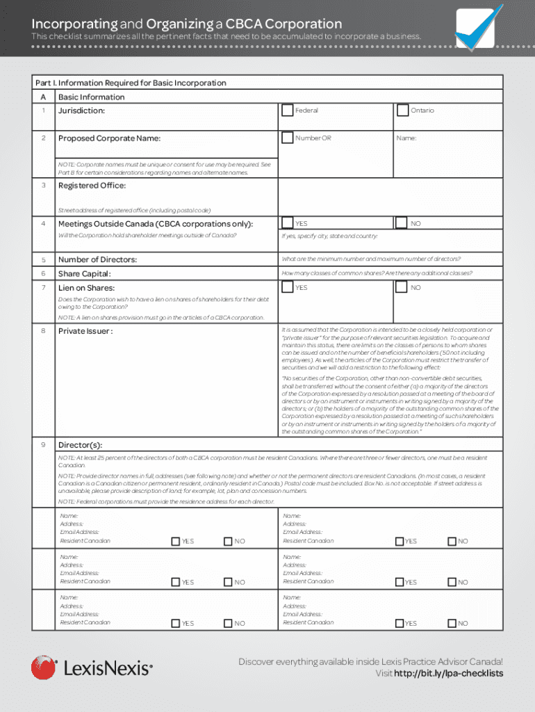 Fillable Online lpa-checklist-incorporating-organizing-cbca-corporation. ... Fax Email Print ...