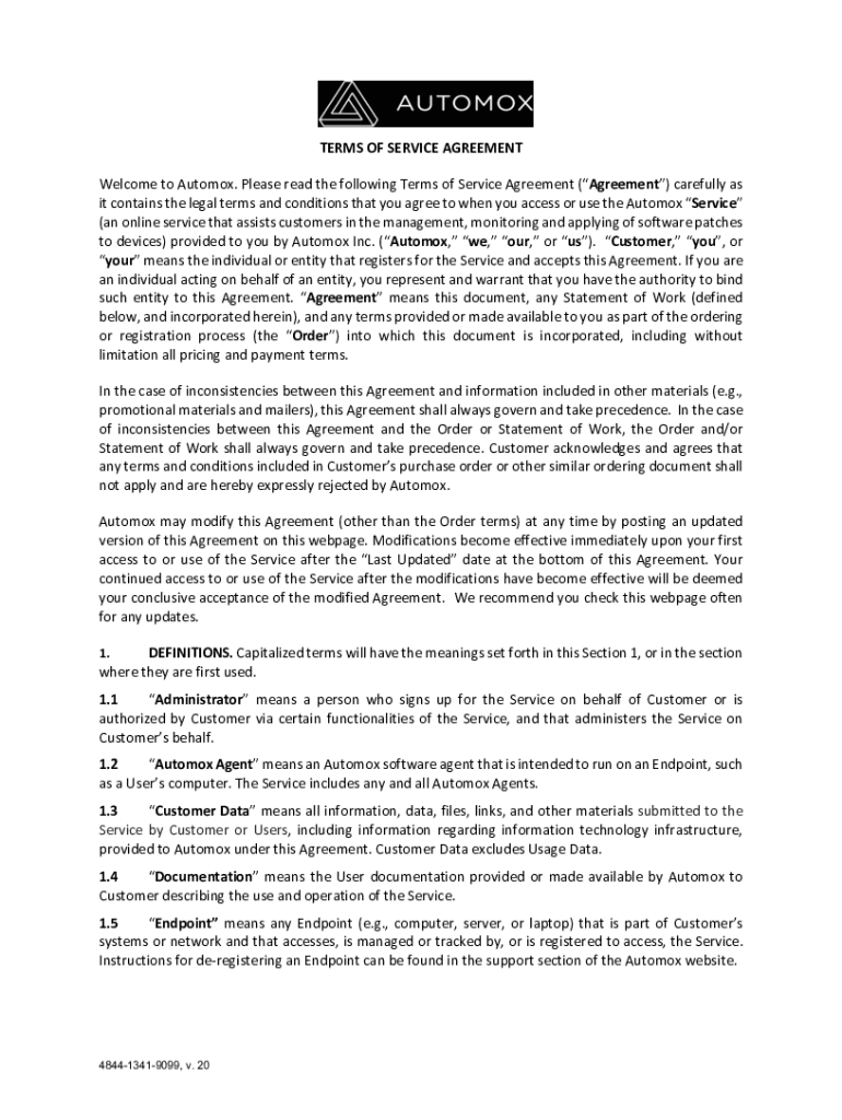 Fillable Online Terms of Service (Form) - Automox 202011 v.20s ...
