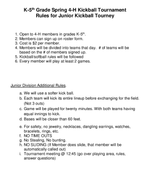 Fillable Online K-5th Grade Spring 4-H Kickball Tournament Rules for ...