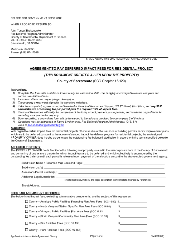 Fillable Online Residential Fee Deferral and Recordable Agreement ...