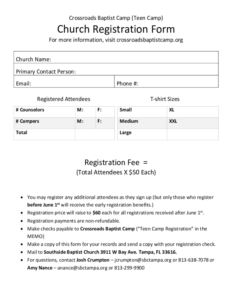 Fillable Online Crossroads Baptist Camp (Teen Camp) - Church ...