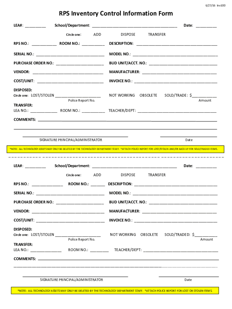 Fillable Online RPS Inventory Control Information Form Fax Email Print ...