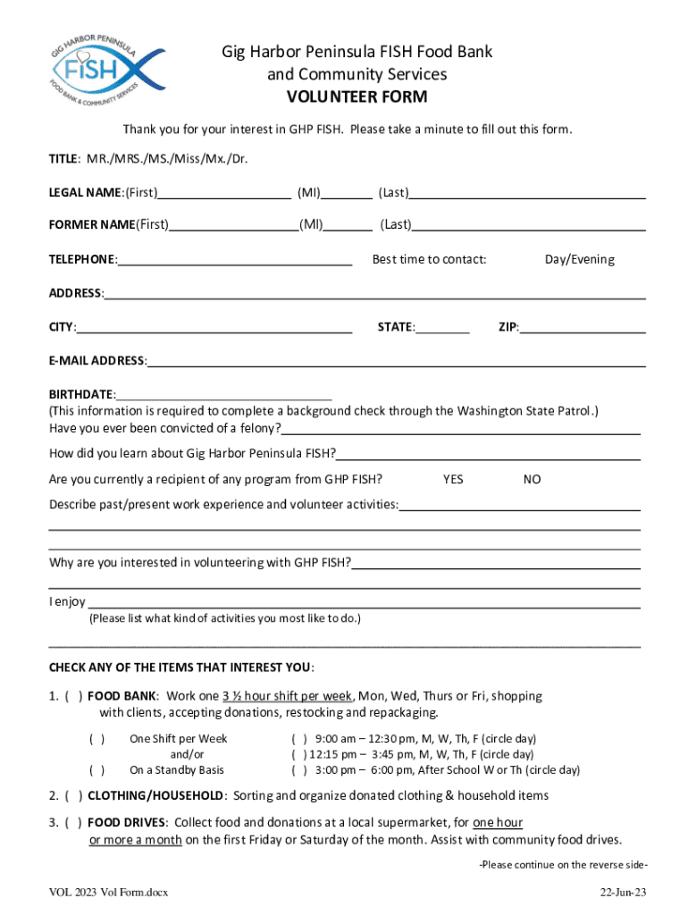 Fillable Online GIG HARBOR/PENINSULA FISHVOLUNTEER FORM Fax Email Print ...