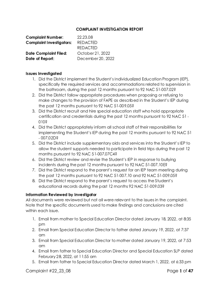 Fillable Online 22.23.08 Final Investigation Report. Complaint ...