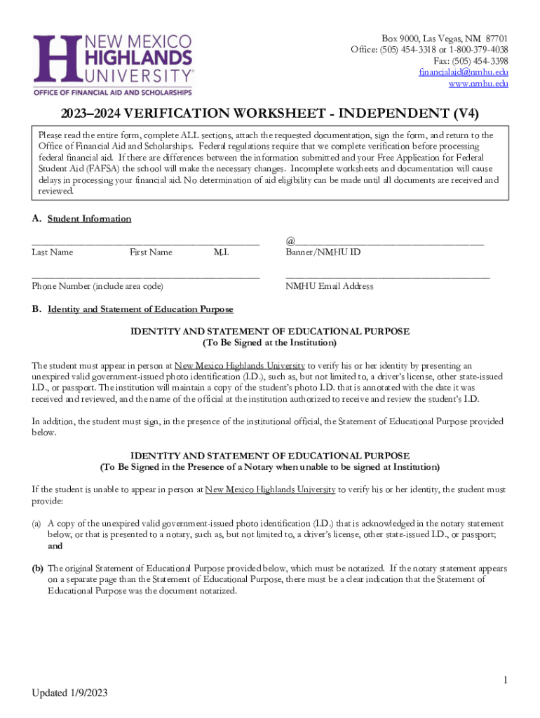 Fillable Online its nmhu 20232024 VERIFICATION WORKSHEET Fax Email Print - pdfFiller