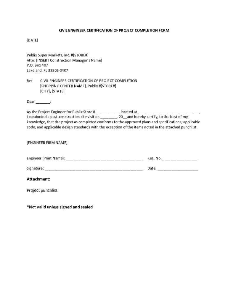 Fillable Online civil engineer certification of project completion form ...