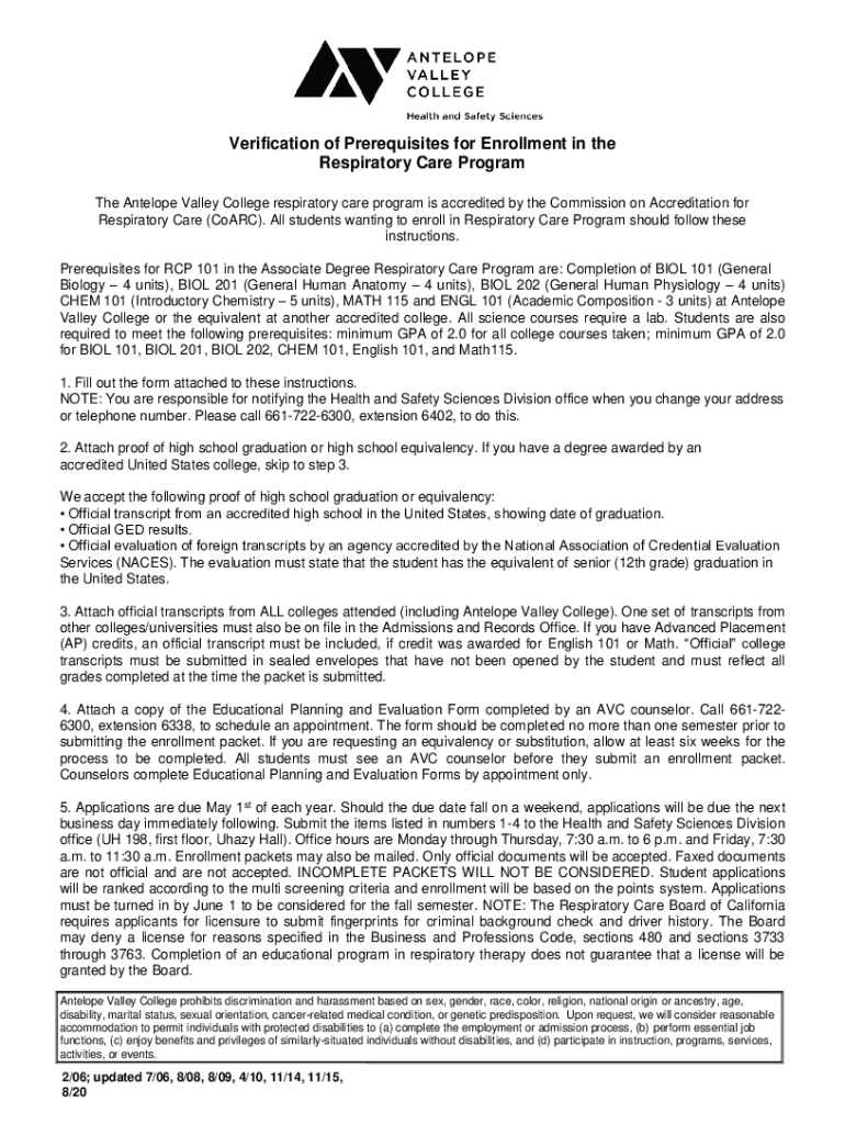 Fillable Online Respiratory Care - RCPAntelope Valley College Fax Email Print - pdfFiller