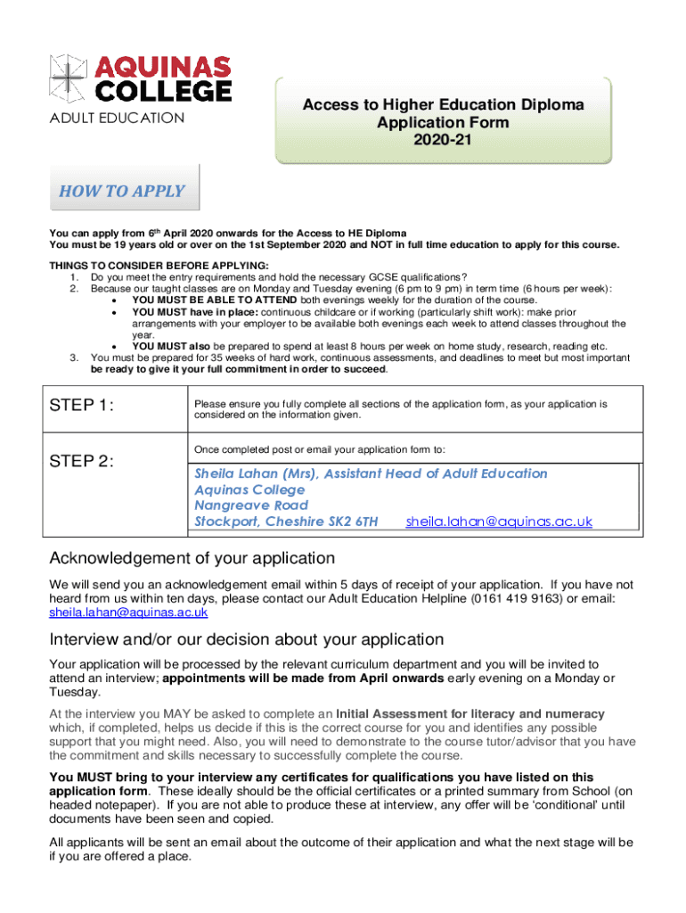 Fillable Online Access to HE Diploma: Preparing adult students for a ...