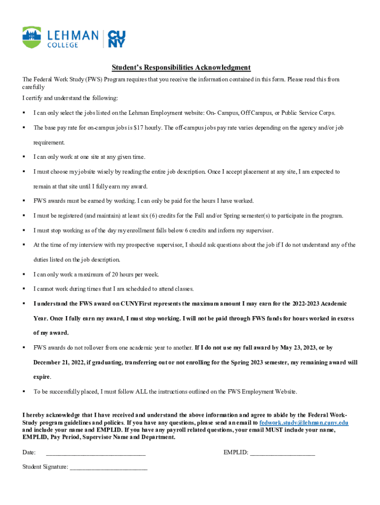 Fillable Online Federal Work Study Rights & Responsibilities Fact Sheet Fax Email Print - pdfFiller