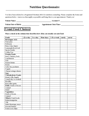 Fillable Online Nutrition Questionnaire Usual Food Choices Fax Email ...