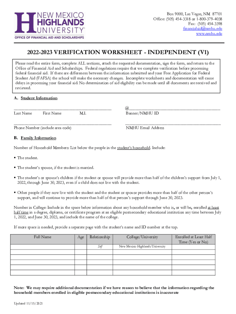 Fillable Online its nmhu 2022-2023 VERIFICATION WORKSHEET - INDEPENDENT (V1) Fax Email Print ...