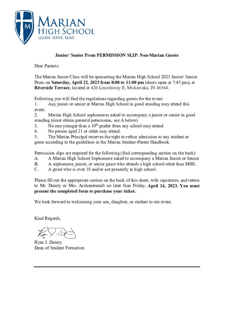Fillable Online Junior/ Senior Prom PERMISSION SLIP: Non-Marian Guests ...