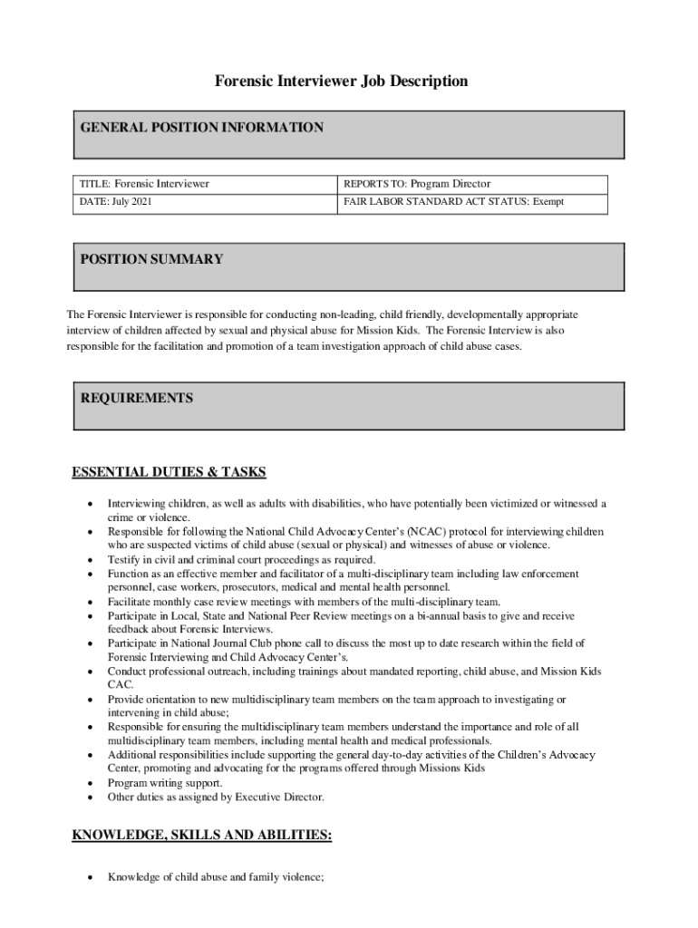 Fillable Online JOB DESCRIPTION Job Title: Forensic Interviewer Reports ...