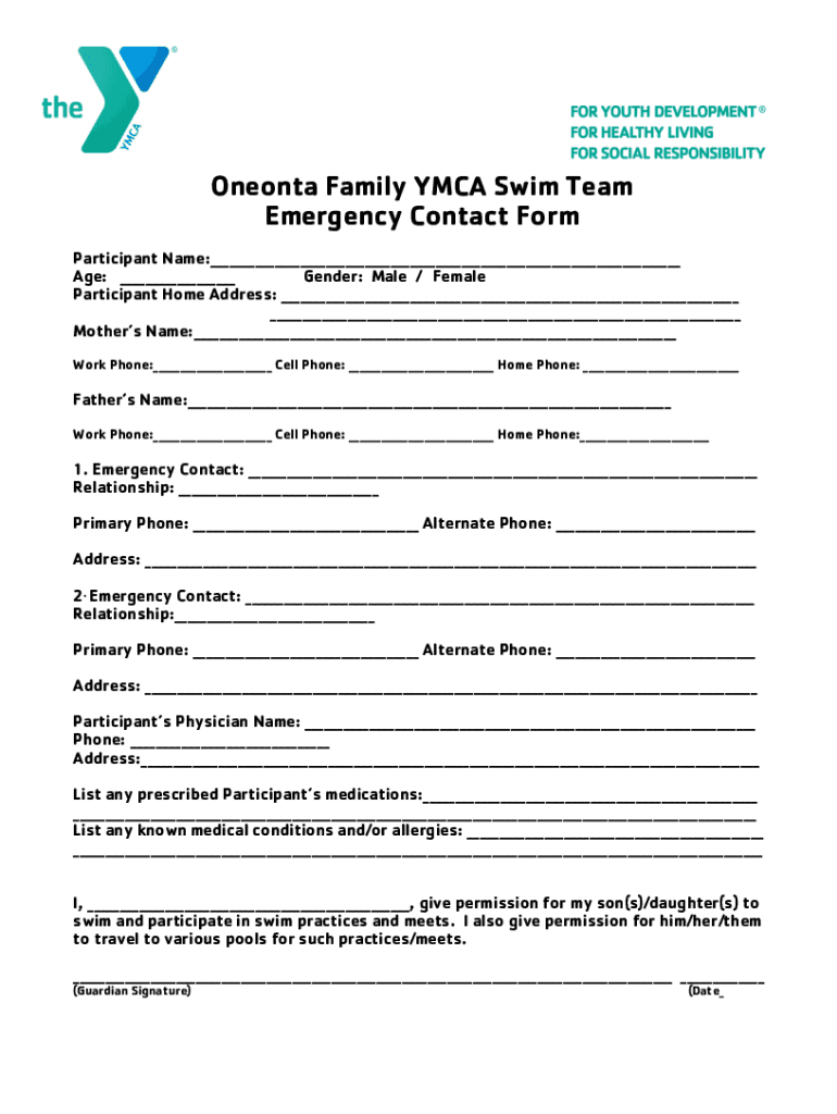 Fillable Online Oneonta Family YMCA Swim Team Emergency Contact Form Fax Email Print - pdfFiller