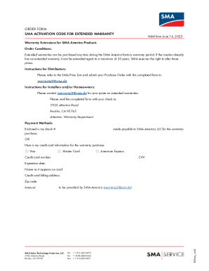 Fillable Online Order form - SMA Activation Code for Extended Warranty ...