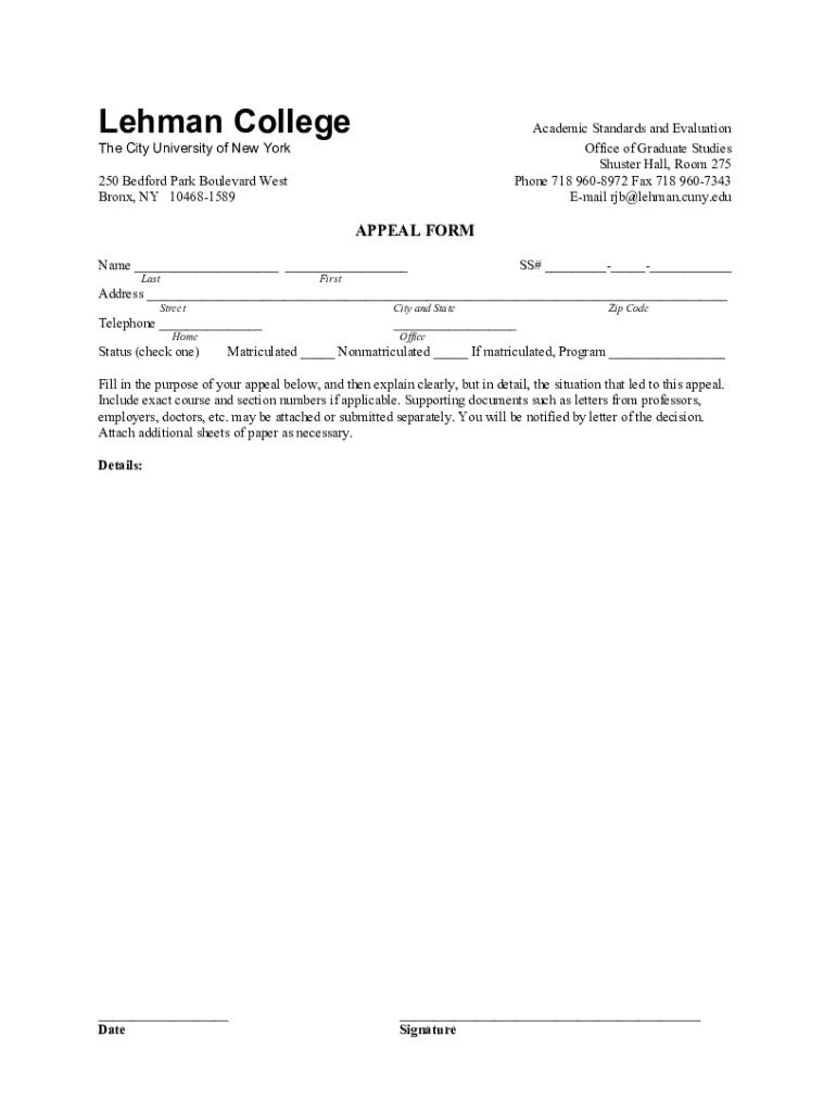 Fillable Online Lehman College Academic Appeal Form. Letter Template ...