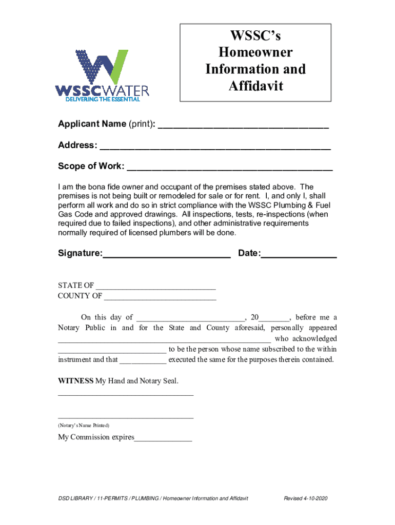 Fillable Online WSSC's Homeowner Information and Affidavit Fax Email Print - pdfFiller